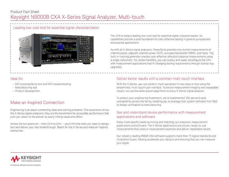 N9000B CXA X-Series Signal Analyzer, Multi-touch – Product Fact Sheet PDF Asset Page | Keysight